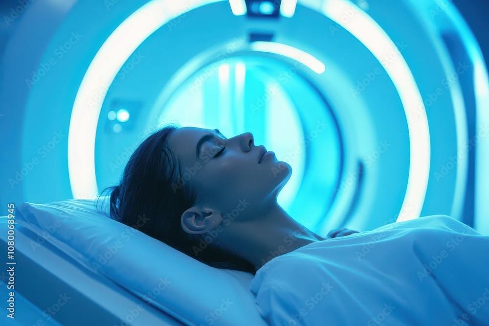 Patient in MRI scanner for neck scan, futuristic hospital setting, blue ...