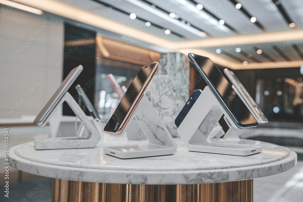 Stylish smartphones showcased on elegant marble stands in a high-end ...