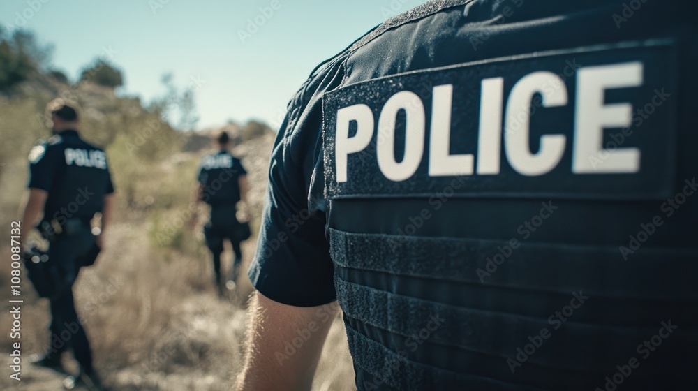Police Officer Standing on Urban Street. Rear View of Law Enforcement ...