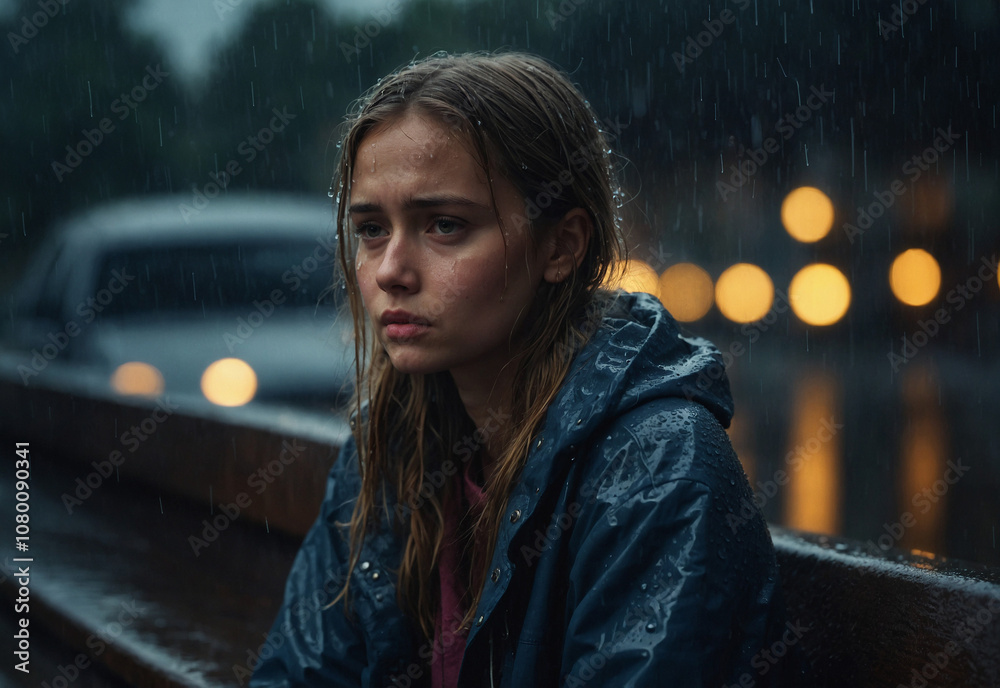 Sad girl sitting in rain, dreamy, Romantic, Warm lighting, Highly ...