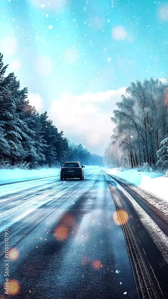 Solitary Car Driving on a Snow-Covered Winter Road Background. Seamless ...