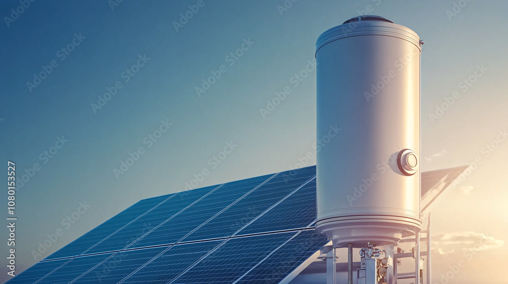 A solar water heater system with photovoltaic panels under a clear blue ...