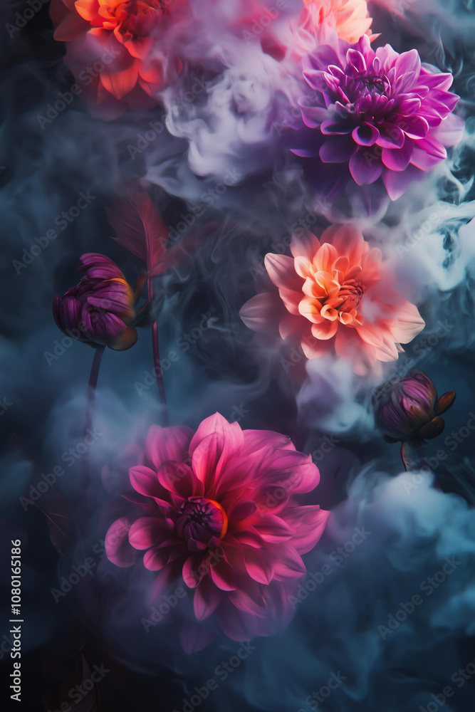 Abstract floral composition with colorful dahlias, roses, and peonies ...