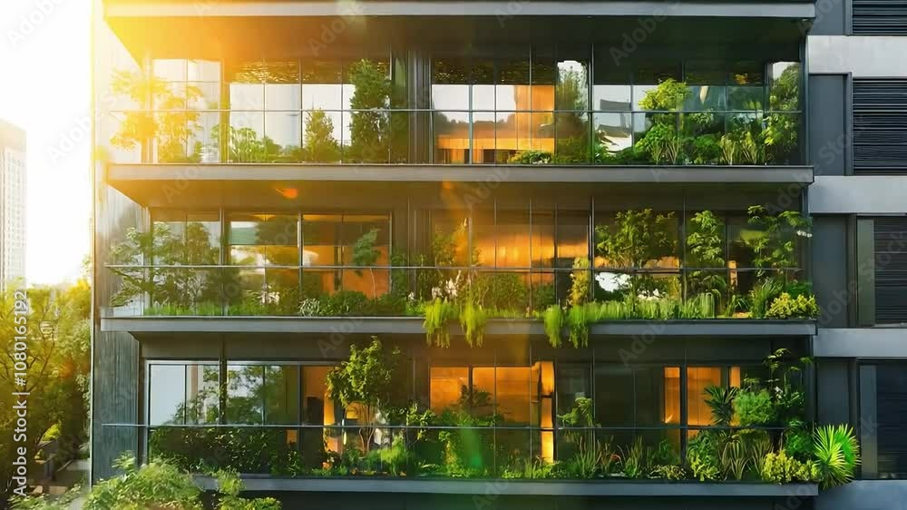 Modern minimalist eco friendly building with large windows, full of ...