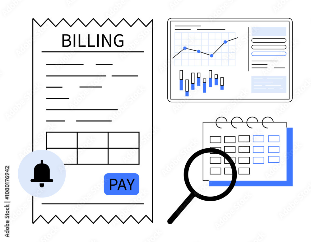 Billing receipt with PAY button, financial chart with bar and line ...