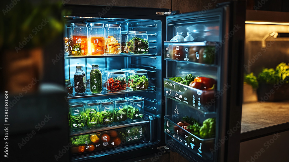 Smart refrigerator with transparent doors displaying organized ...