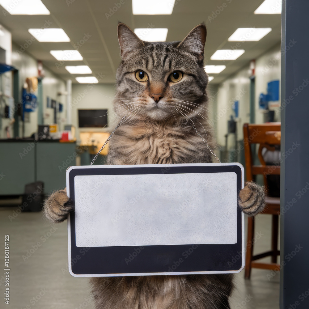 Cute tabby cat holding blank sign. Advertising and marketing ...