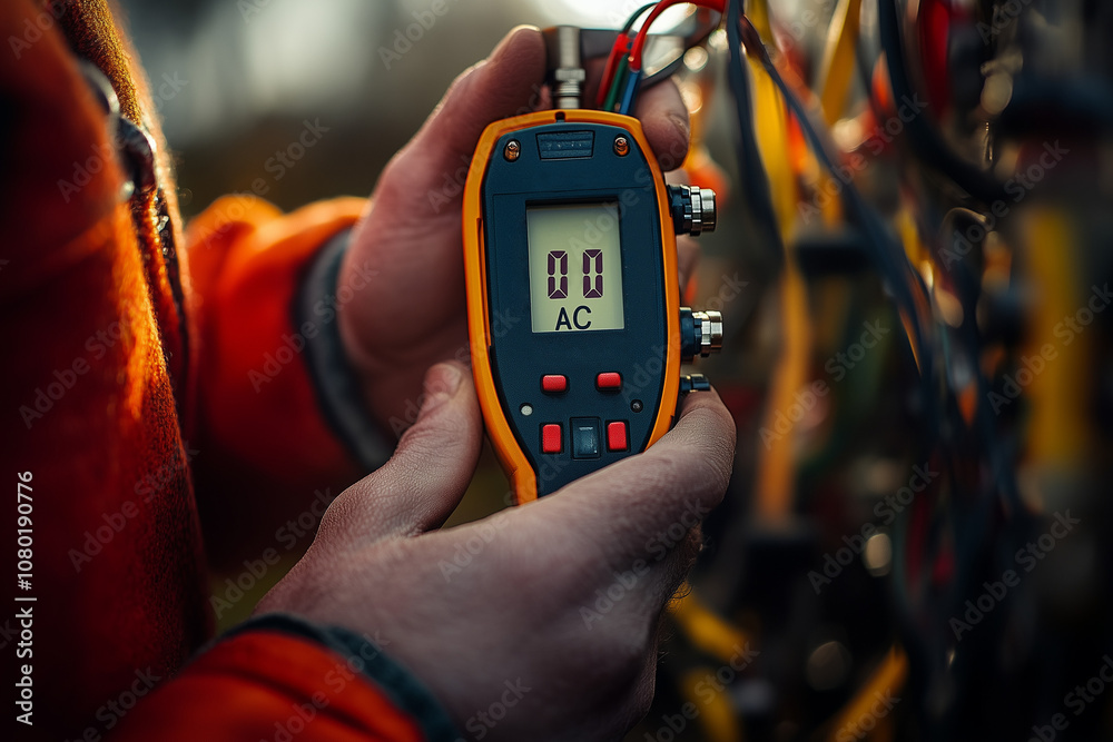 Voltmeter in the hands of an electrician showing zero voltage, no ...