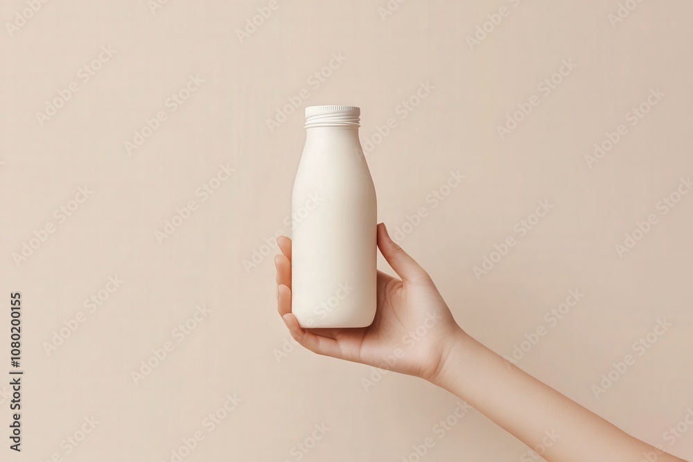 A hand gently holds a smooth, unbranded milk bottle mockup, featuring a ...