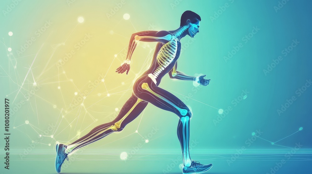 Runner depicted in conjunction with x-ray imagery for orthopedic care ...