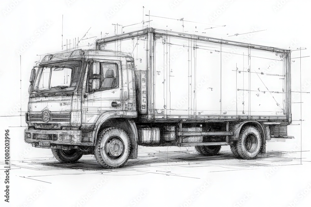 A detailed technical sketch drawing illustrates a delivery truck ...