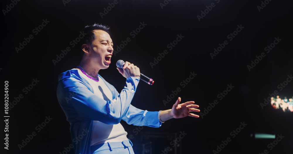 Pop Artist Performing Live Concert on Stage, Illuminated by a Spotlight ...