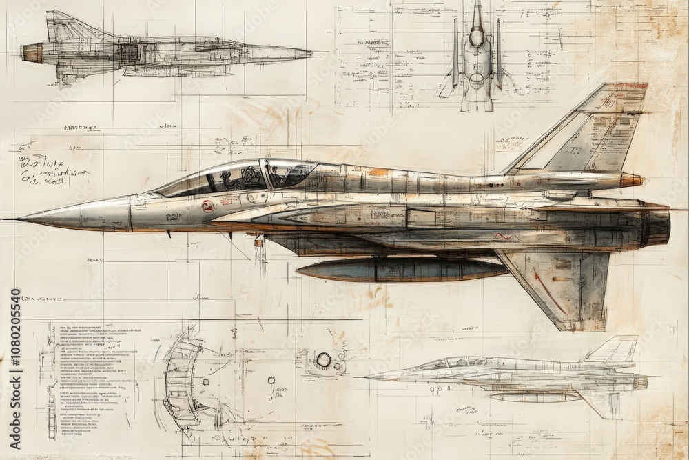 This technical sketch showcases detailed drawings of a jet fighter with ...