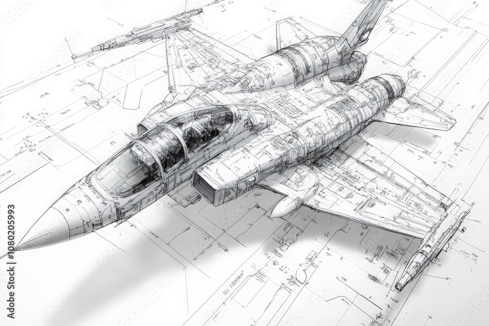 The detailed technical sketch depicts a fighter jet with various ...