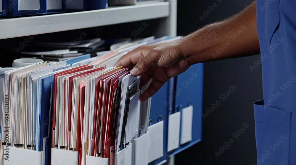 a healthcare worker organizing patient files into color-coded folders ...