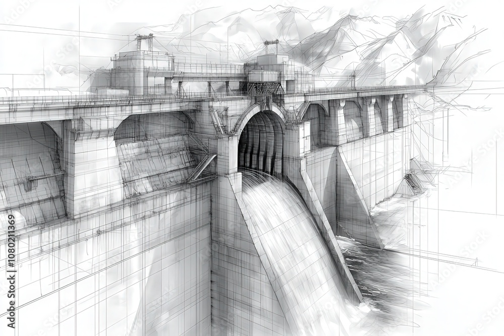 This technical sketch illustrates a hydroelectric dam, highlighting its ...