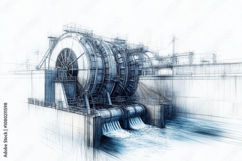 This technical sketch illustrates the design of a hydroelectric dam ...