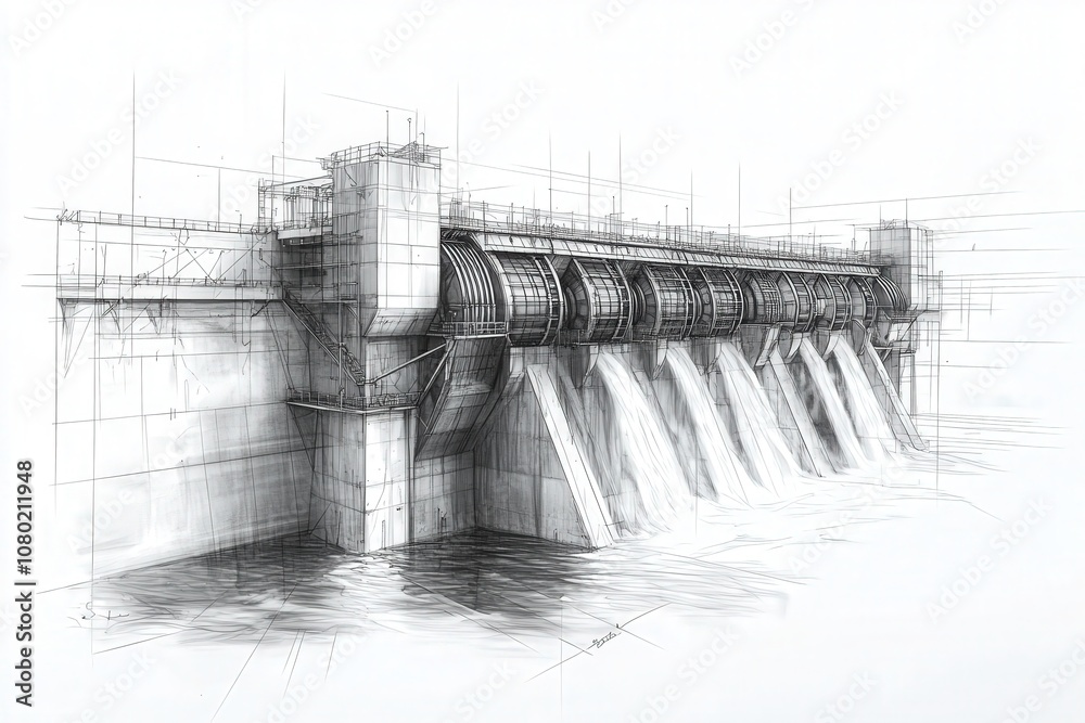 A detailed technical sketch showcases the design of a hydroelectric dam ...