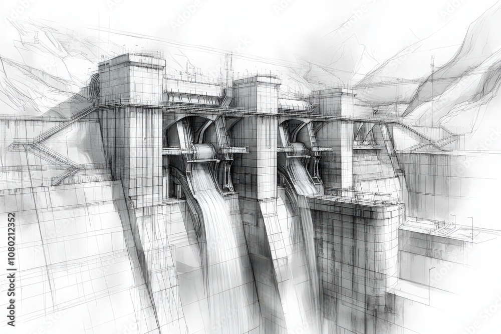 This technical sketch illustrates a hydroelectric dam, detailing its ...