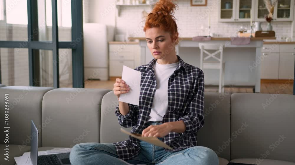 Caucasian woman female girl lady check correspondence checking open ...