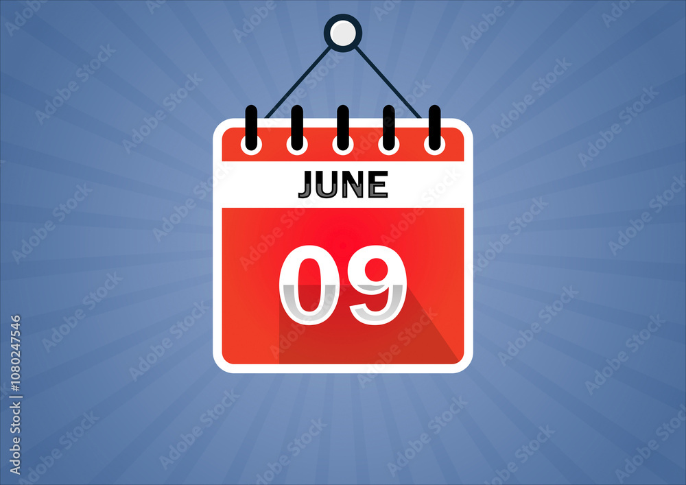 June 09, Calendar hanging sign. 09th days of the month, modern ...