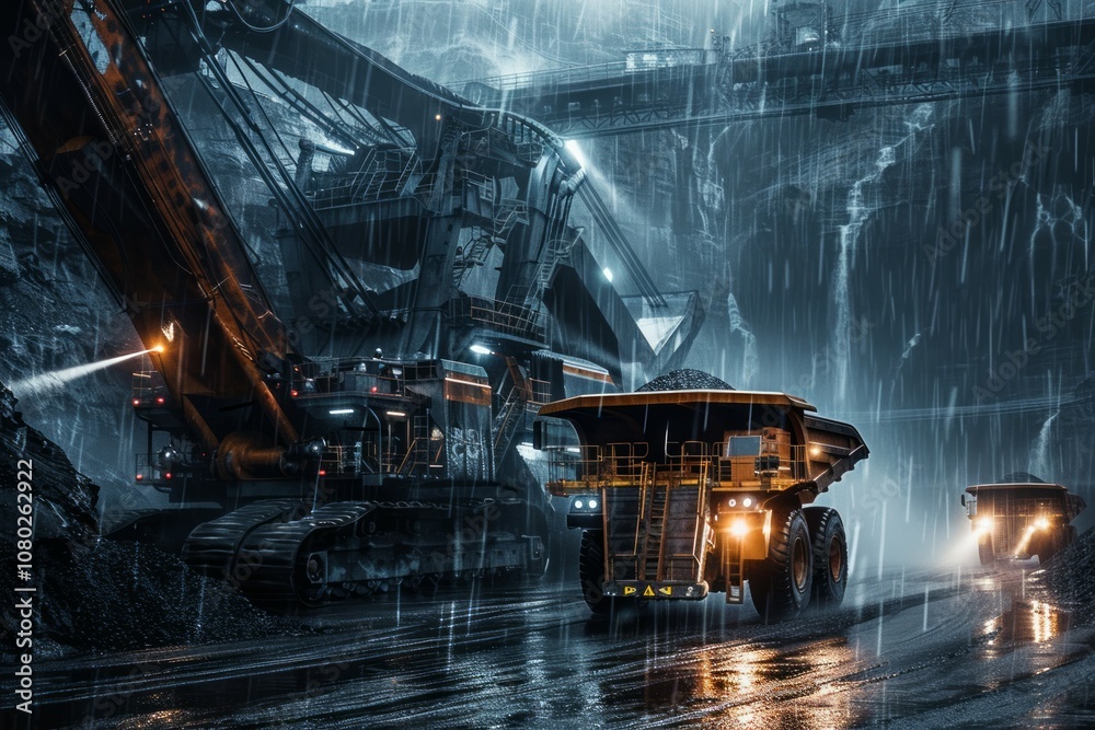 Pit mine industry, big yellow mining truck for coal anthracite in rainy ...