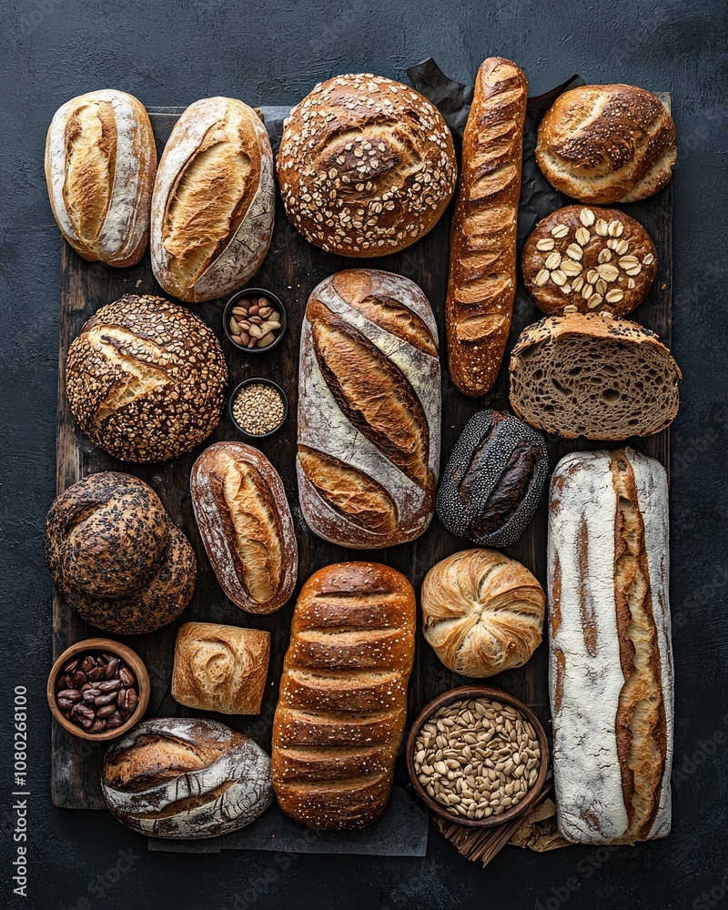table with various types of breads, including baguettes and loaves of ...