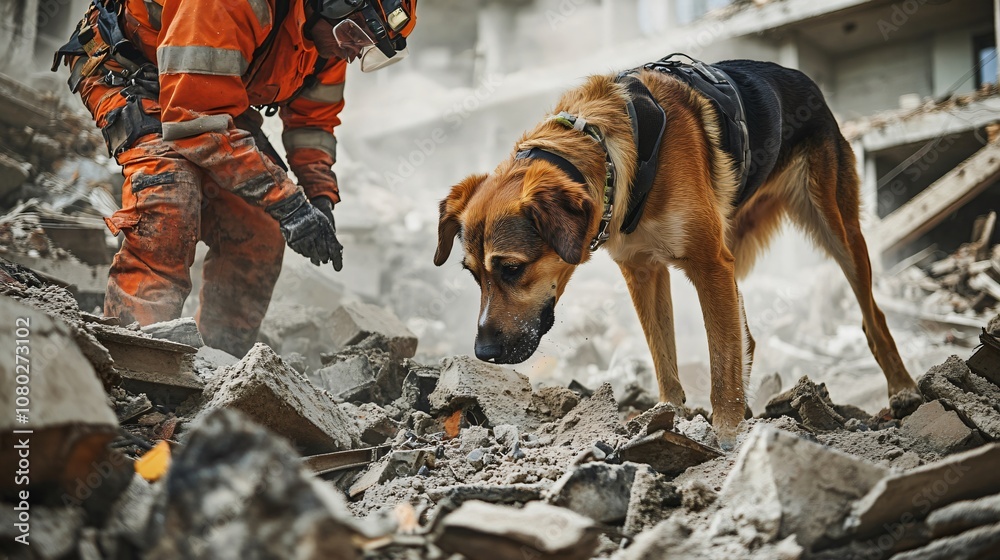 Search and rescue dog sniffing through rubble alongside handler in a ...