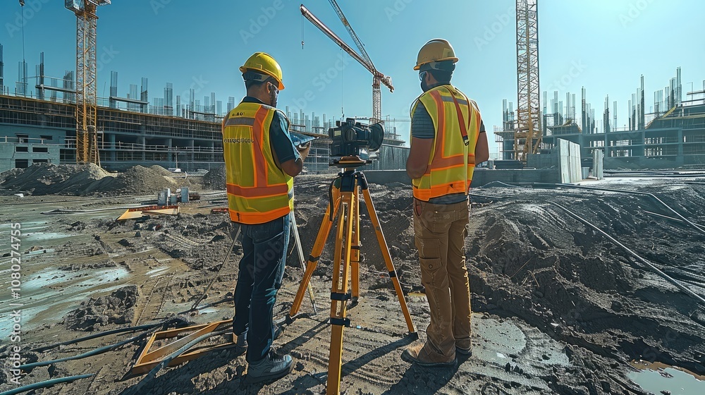 Two surveyors on a construction site, standing next to tripods with ...
