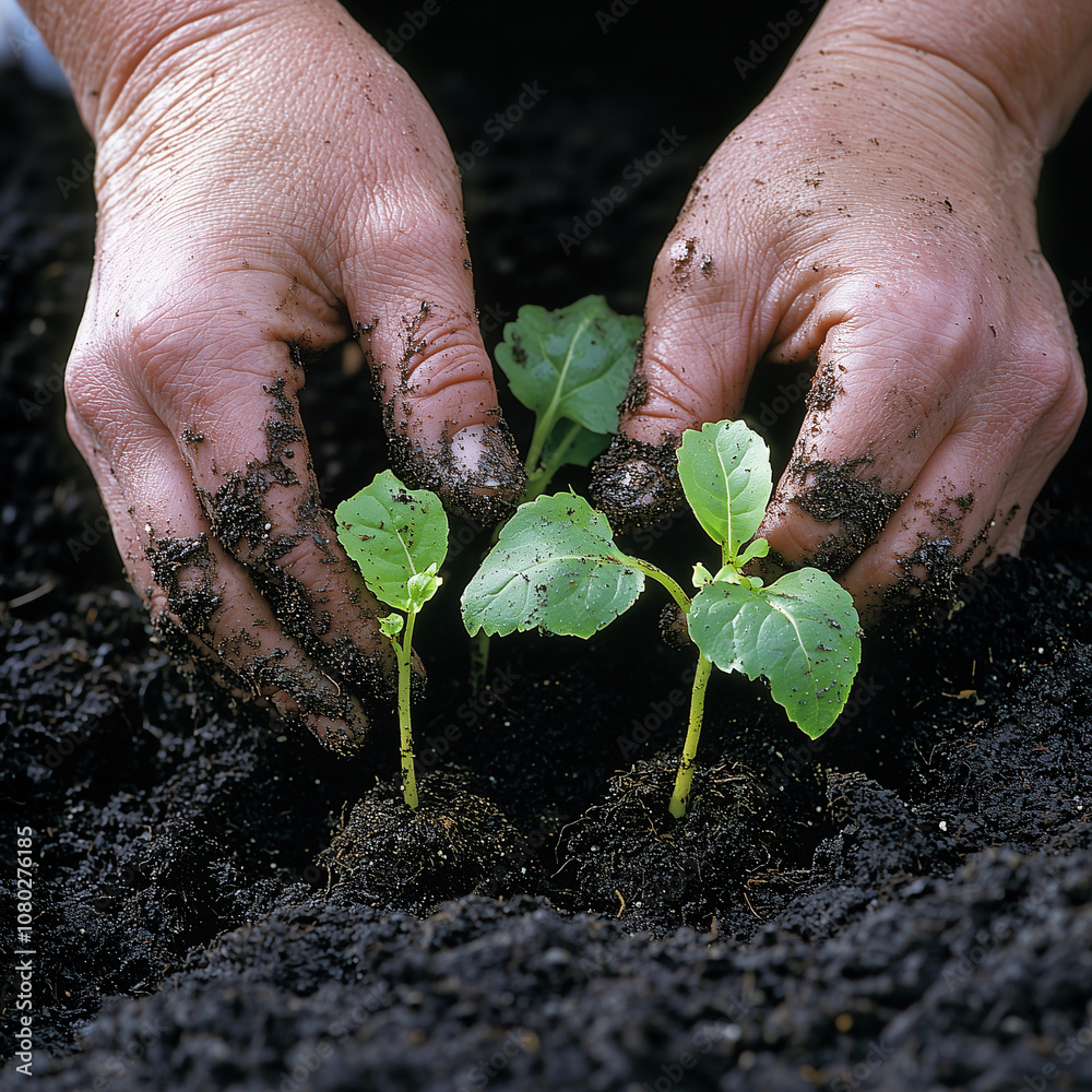 Planting seedlings in rich soil, hands gently placing young plants into ...