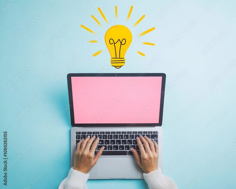 Hands typing on a laptop with light blue and white backdrop for modern ...