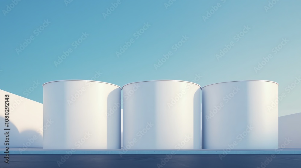 Three large white cylindrical tanks against a clear sky, showcasing a ...