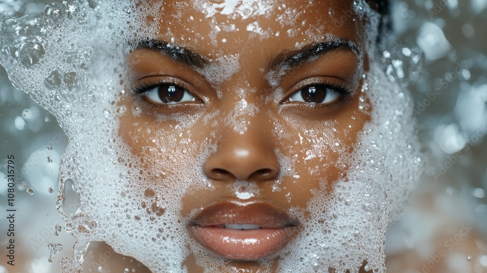 Close-up of a woman's face enveloped in cleansing bubbles, reflecting ...