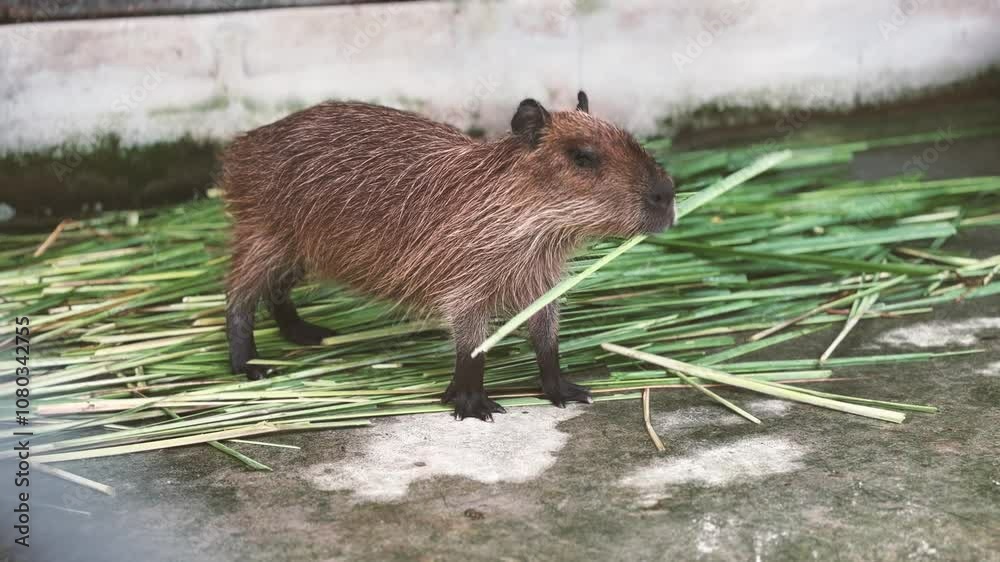 Full-body a capybara is eating grass in a zoo, warm light, landscape ...