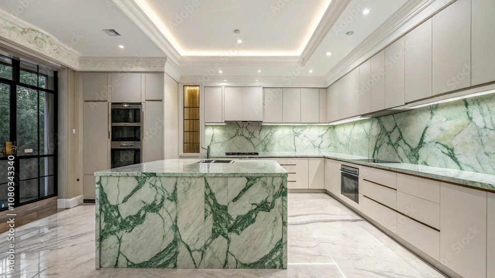 Front view of a luxurious kitchen featuring engineered stone benchtops ...