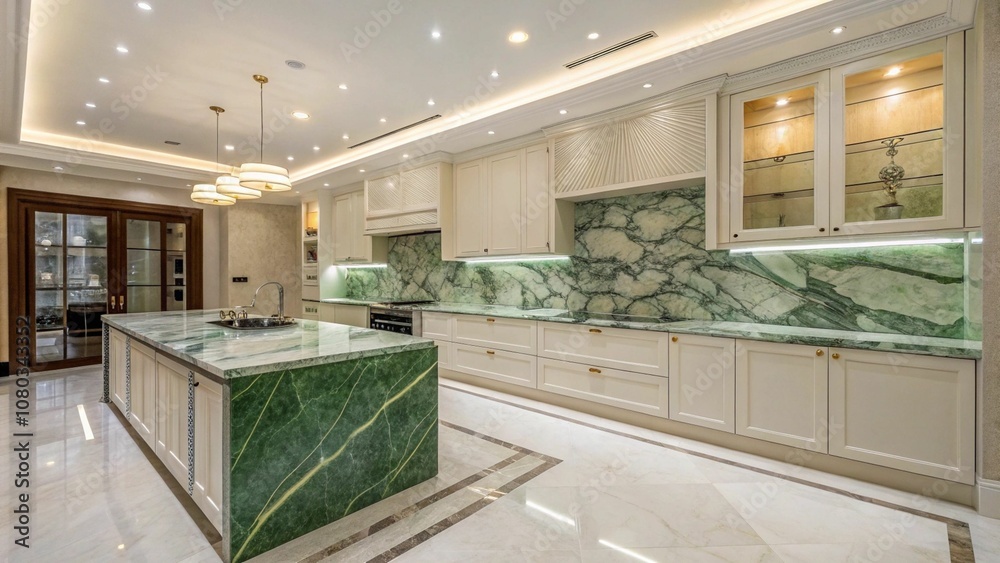Front view of a luxurious kitchen featuring engineered stone benchtops ...