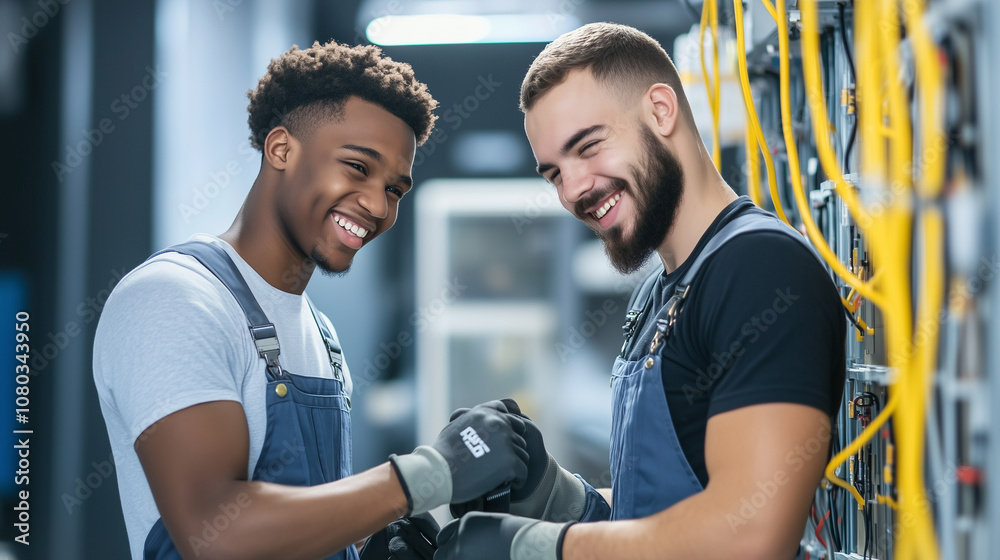 Two young electrician students in overalls and gloves laughing together ...