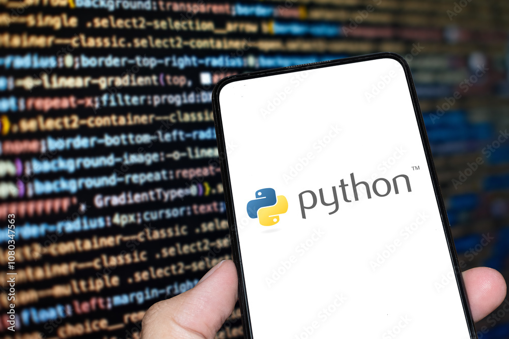Python logo sign on the smartphone screen with code background. London ...