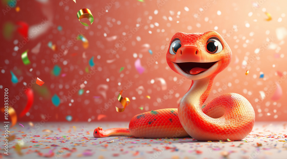 Symbol of 2025.a cute red snake cartoon character sitting on the ground ...