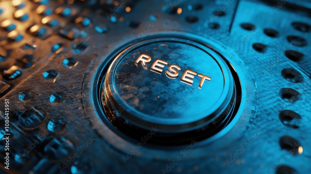 Blue glowing reset button on metallic background, RESET banner ...