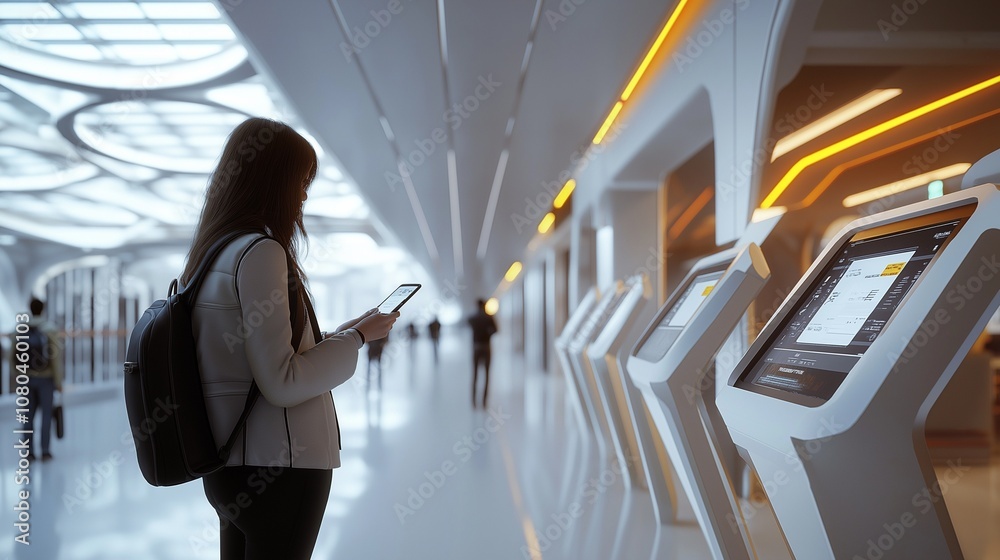 passenger scanning a digital boarding pass at a high-tech airport gate ...