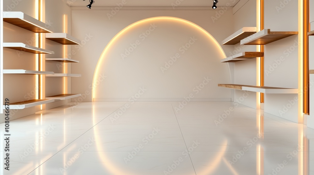 A spacious, minimalist showroom features sleek wall shelves and ambient ...