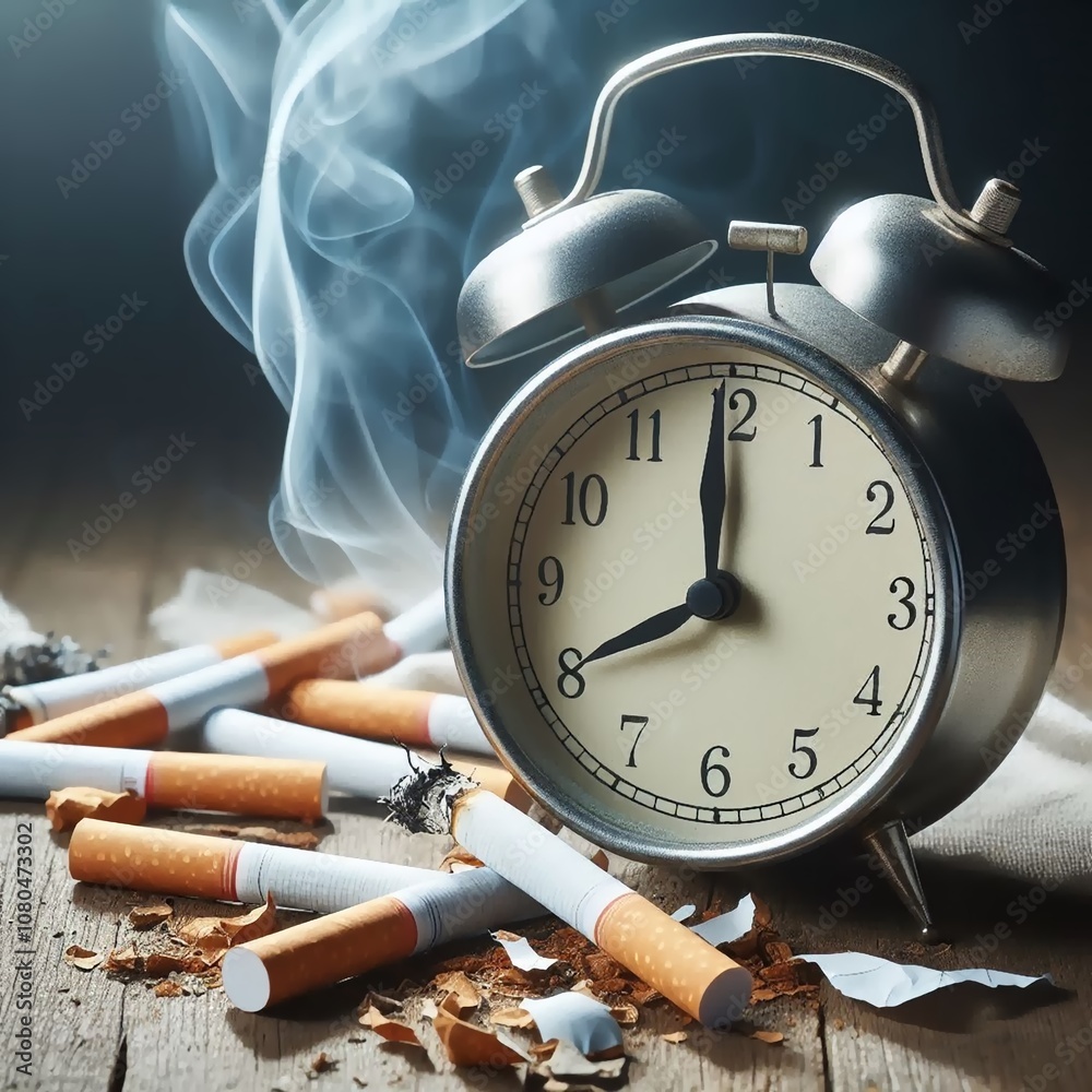 No Smoking Day. A broken cigarette next to an alarm clock, symbolizing that it is time to quit ...