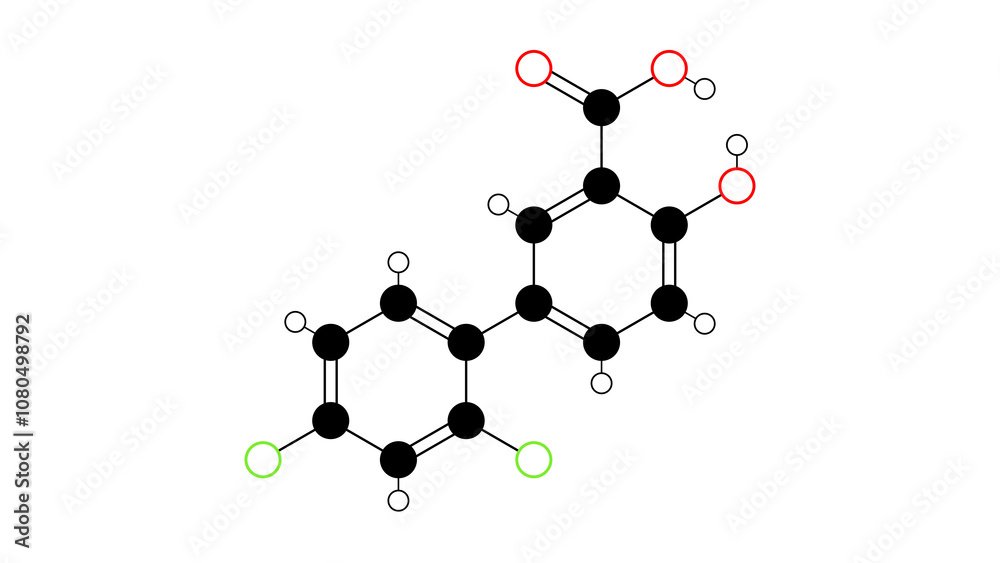 Poster diflunisal molecule, structural chemical formula, ball-and-stick ...