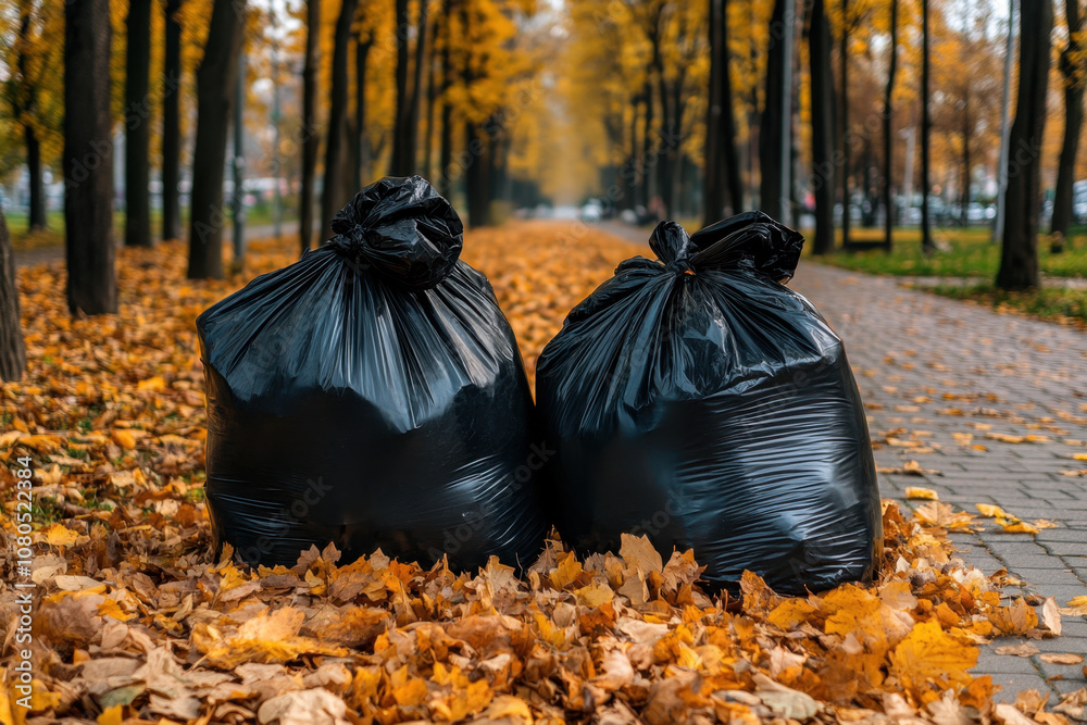 Eco-Friendly Black Trash Bag. Two black garbage bags sit on a pathway ...