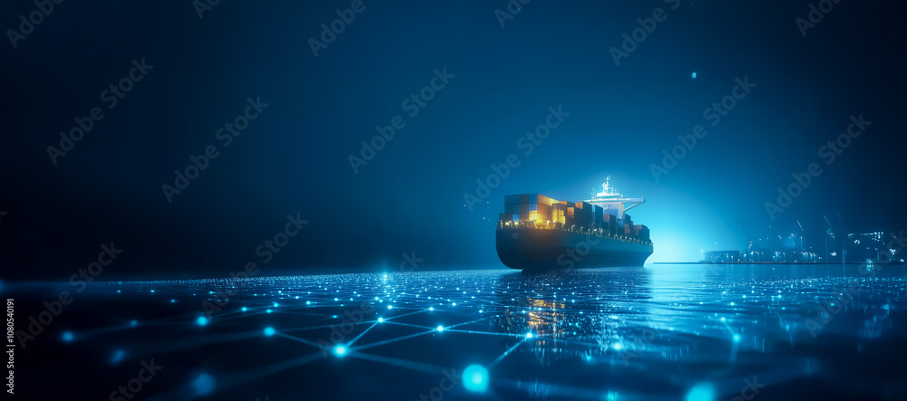 Container ship illuminated by vibrant blue digital network lines on a ...