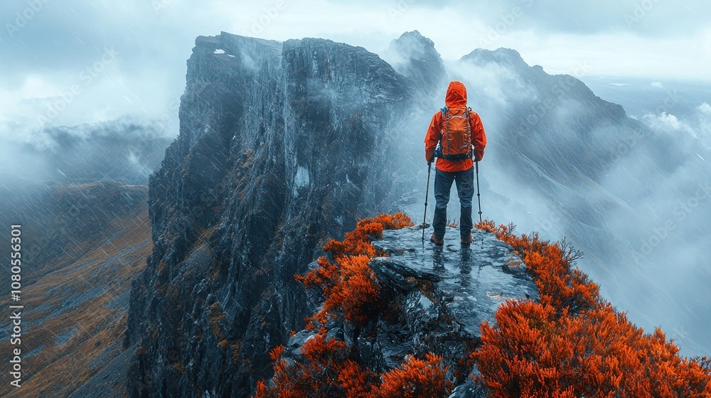 Exposed, narrow ledge on Mount Ossa, Tasmania, hiker with rain jacket ...