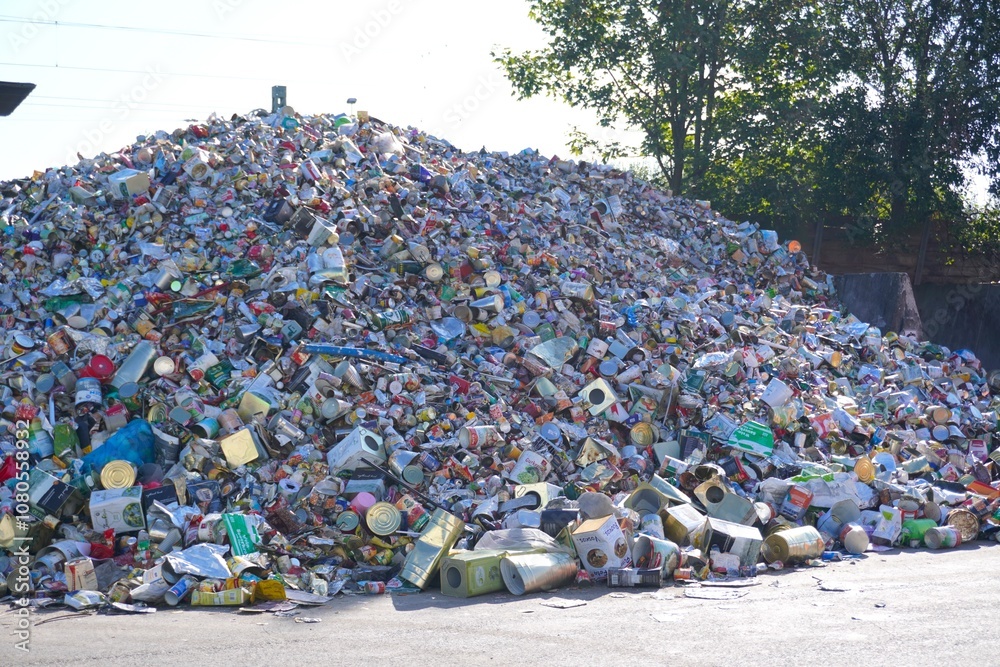 Poster Large pile of discarded aluminum cans and metal waste outdoors ...