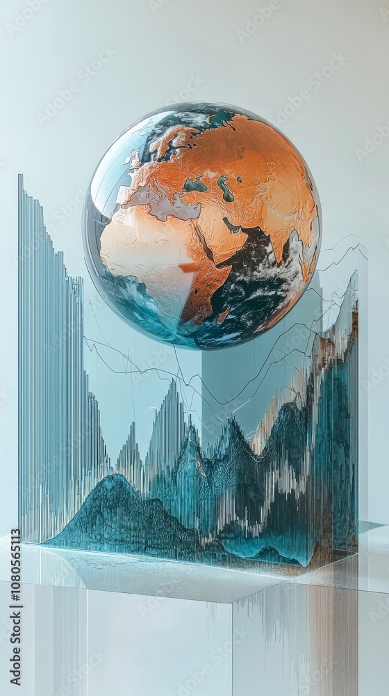 Vintage-themed globe floats over abstract city line charts that depict ...