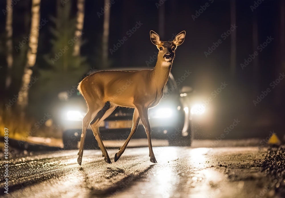 Beautiful nighttime photograph of a deer jumping across the road in ...